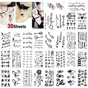 Konsait Temporary Tattoos for Adult Women Men Kids(30 Sheets), Waterproof Temporary Tattoo Fake Black Tiny Tattoos Body Art Sticker Hand Neck Wrist Cover Up Set