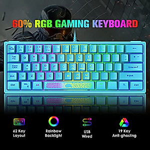 ZIYOU LANG K61 60% Gaming Keyboard Mini Portable with Rainbow RGB Backlit Ergonomic 62Key Layout 19Key Anti-ghosting Mechanical Feel Waterproof USB Wired for PC Mac Windows Gamer Laptop Typists(Blue)