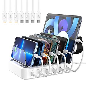 Charging Station for Multiple Devices,60W 12A 6 Port USB Charging Dock Station with 7 Mixed Cables and iwatch Charger Holder,Compatible with Cellphone,Tablet,iPhone iPad and More