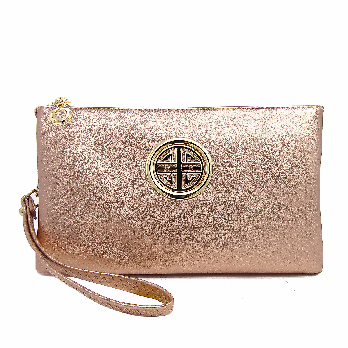 Solene Womens and Girls Multi Compartment Functional Emblem Crossbody Bag With Detachable Wristlet-WU020L(Rose Gold)