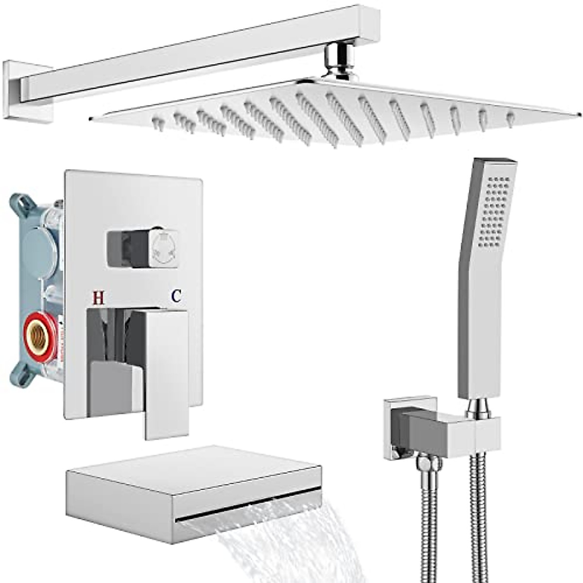 gotonovo Polish Chrome Rain Mixer Shower Faucet Set with Waterfall Tub Spout 10 inch Square Rainfall Shower Head with Handheld Spray Wall Mounted Rough-in Valve and Trim Included