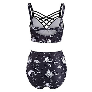JHDESSLY Women's Underwire Sun Start Moon High Waisted Racerback Vintage Two Piece Swimsuit Black