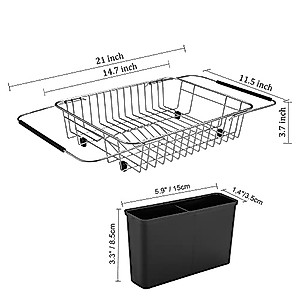 iPEGTOP Expandable Dish Drying Rack, Over The Sink Dish Rack, in Sink Or On Counter Dish Drainer Basket Shelf with Black Utensil Holder Cutlery Tray, Rustproof Stainless Steel for Kitchen