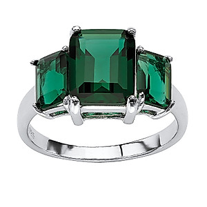 PalmBeach Sterling Silver Emerald Cut Simulated Green Emerald 3-Stone Ring Sizes 5-10 Size 7