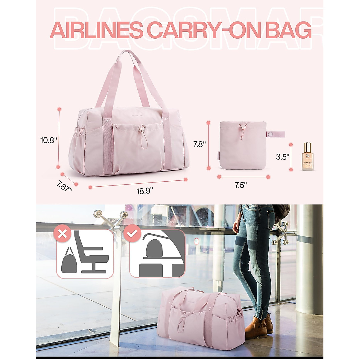 BAGSMART Foldable Travel Duffle Bag For Women, Gym Tote Bag for Sports, 26L Airport Carry On Weekender Overnight Bag for Travel, Travel Accessories(Baby Pink)