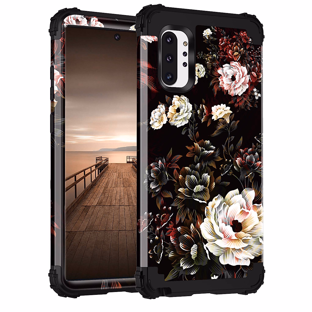 LONTECT for Galaxy Note 10 Plus 5G Case 3 in 1 Heavy Duty Hybrid Sturdy High Impact Shockproof Protective Cover Case for Samsung Galaxy Note 10+ Plus/Note 10 Plus 5G, Black/White Flower
