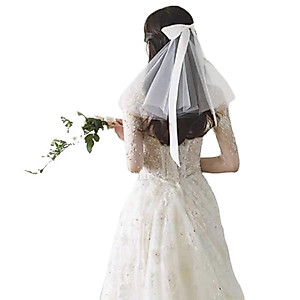 takemay Wedding Veil for Brides, Short White 2 Tier Tulle with Bow Hair Clip