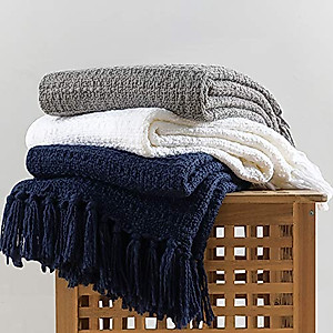 Chunky Knit Throw Blanket, Navy Blue Soft Warm Cozy Bed Throw Blanket with Tassels, Boho Style Textured Knitted Home Decorative Blanket for Couch, Sofa &Bed, 50"x60"