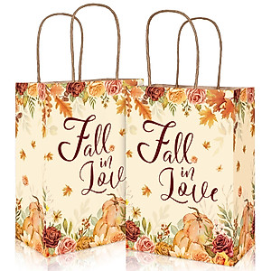 JarThenaAMCS 24Pcs Fall in Love Gift Bags with Handles Autumn Wedding Treat Bags Retro Pumpkin Maple Leaf Kraft Candy Bags for Thanksgiving Bridal Shower Party Favors