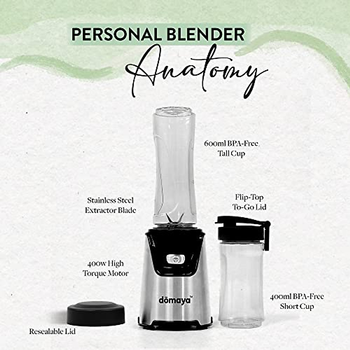 Personal Compact Bullet Blender with BPA-Free 400mL Short Blender Cup and 600mL Tall Cup, Portable Blender for Shakes and Smoothies, Mini Blender for kitchen with Extractor Blade - Domaya