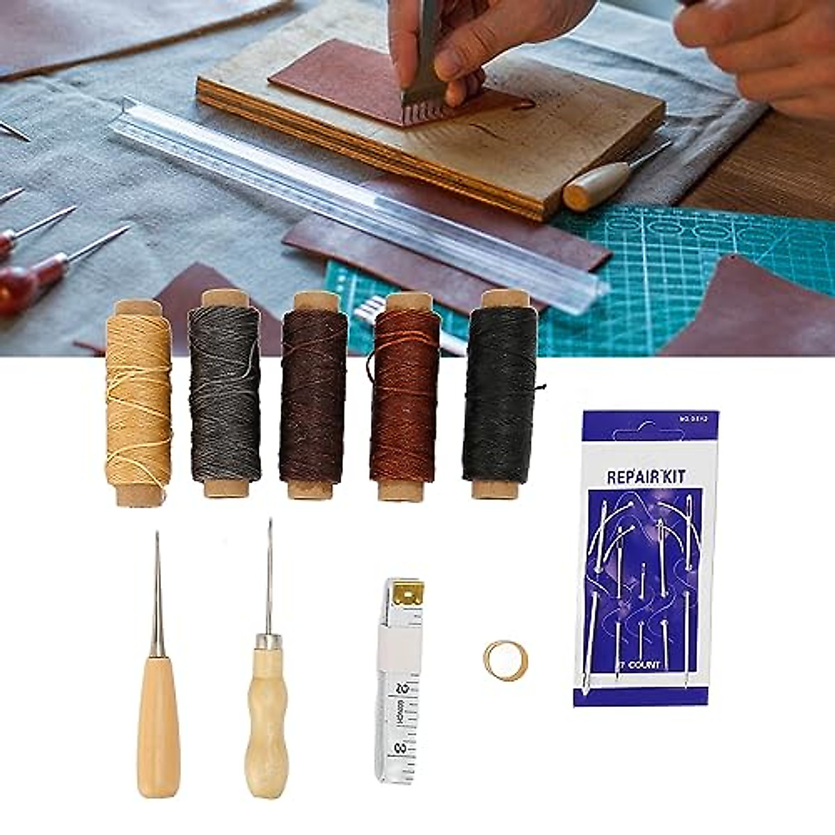 Leather Repair Kit Tape Measure Waxed Thread Leather Working Kit DIY for Leather Craft