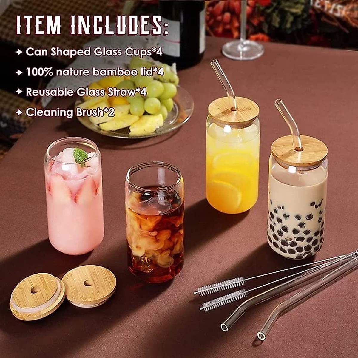 Grippystore -4pcs Glass Cup w/lids straws and Cleaning brushes perfect for drinks hot or cold dishwasher safe