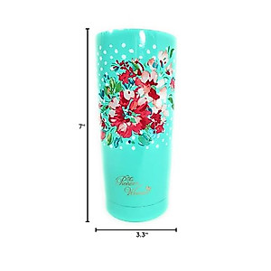 The Pioneer Woman Garden Stainless Steel Double Wall Vacuum Insulated Maverick Tumbler with Sliding Lid, 20 oz, Turquiose with Floral and Dots Design