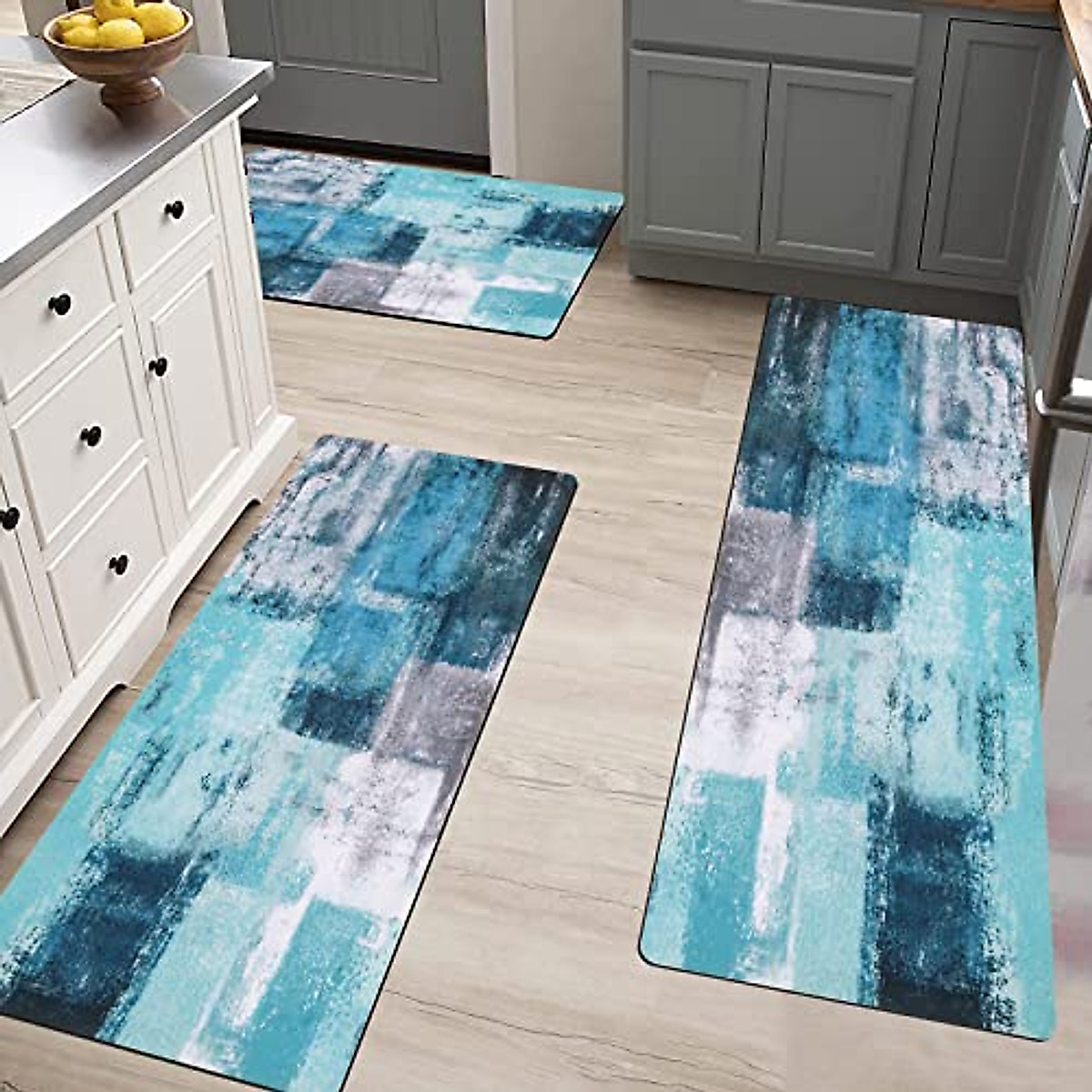 Pauwer Kitchen Rug Sets 3 Piece with Runner Farmhouse Kitchen Rugs and Mats Non Skid Washable Cushioned Kitchen Area Rug Floor Mat Waterproof Runner Rugs for Hallway Kitchen Laundry Room, Turquoise