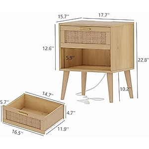 Irontar Nightstands Set of 2, Night Stands with Charging Station & Rattan Drawer, Boho Style Bed Side Tables with Solid Legs, Accent End Table with Open Storage for Bedroom, Natural BZZ007ME02