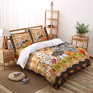 Custom Bed USA Thanksgiving Gnomes Duvet Cover Set, 4 Pieces Bedding Set with Comforter Cover, A Pair of Pillowcases and Fitted Sheet for Bedroom Decor Queen Size, Pumpkin Sunflower Fallen Leaves