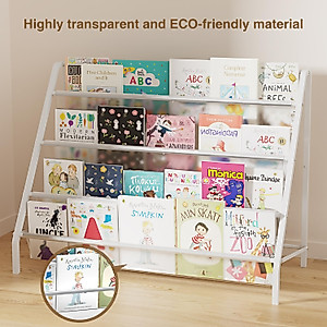 High-Transparent 4 Tier Kids Bookshelf, Sturdy Metal Large Size Book Rack Storage for Kids - Toddler Book Shelf Display for Nurasery, Playroom or Kids Room, Deep Size Bookshelf Hold More Books