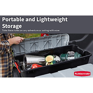 Rubbermaid Pack & Go 16 Gal Storage Tote, Durable Design and Easy to Transport, Built-In Handles, Tie Down Channels and Lockable Snap Tight Lid, Black Base with Gray Lid and Red Handles, Pack of 3