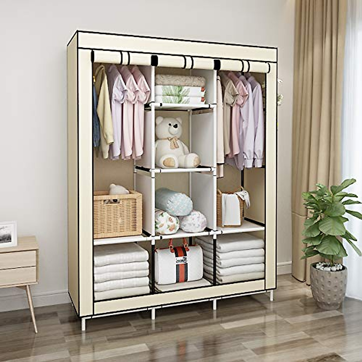 UDEAR Portable Wardrobe Closet Clothes Organizer No-Woven Fabric Cover with 6 Storage Shelves, 2 Hanging Sections and 4 Side Pockets，Beige