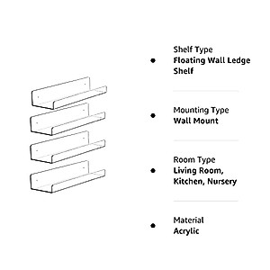 Cq acrylic 15" Invisible Acrylic Floating Wall Ledge Shelf, Wall Mounted Nursery Kids Bookshelf, Invisible Spice Rack, Clear 5MM Thick Bathroom Storage Shelves Display Organizer, 15" L,Set of 4