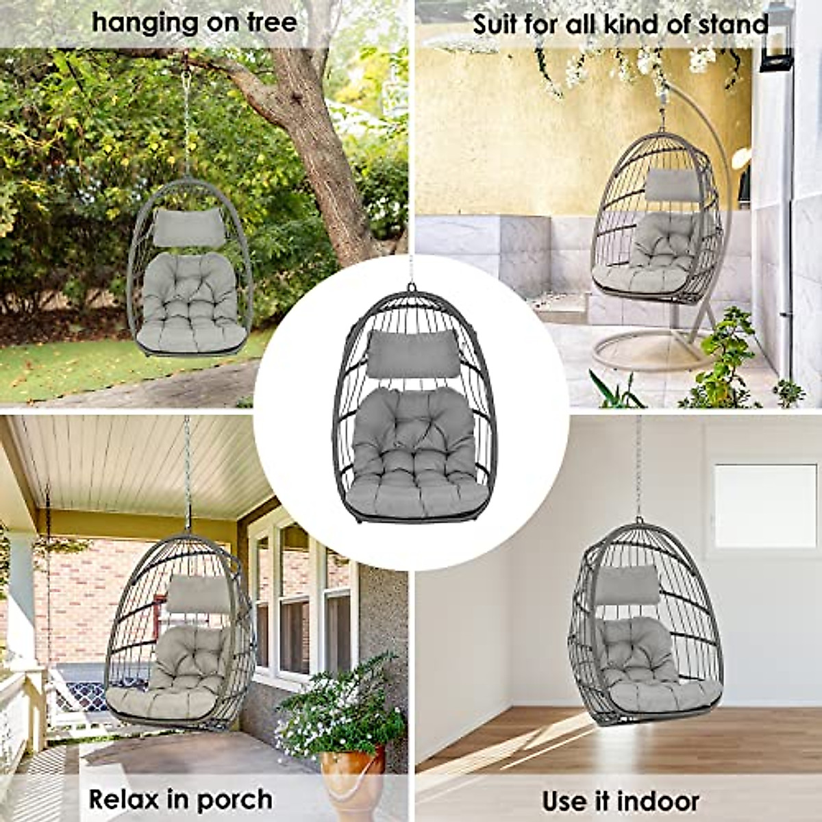 Brafab Wicker Rattan Hammock Egg Swing Chair with Hanging Chain, Aluminum Frame and UV Resistant Cushion, Indoor Outdoor Bedroom Patio Porch Foldable Camping Chair (Without Stand)