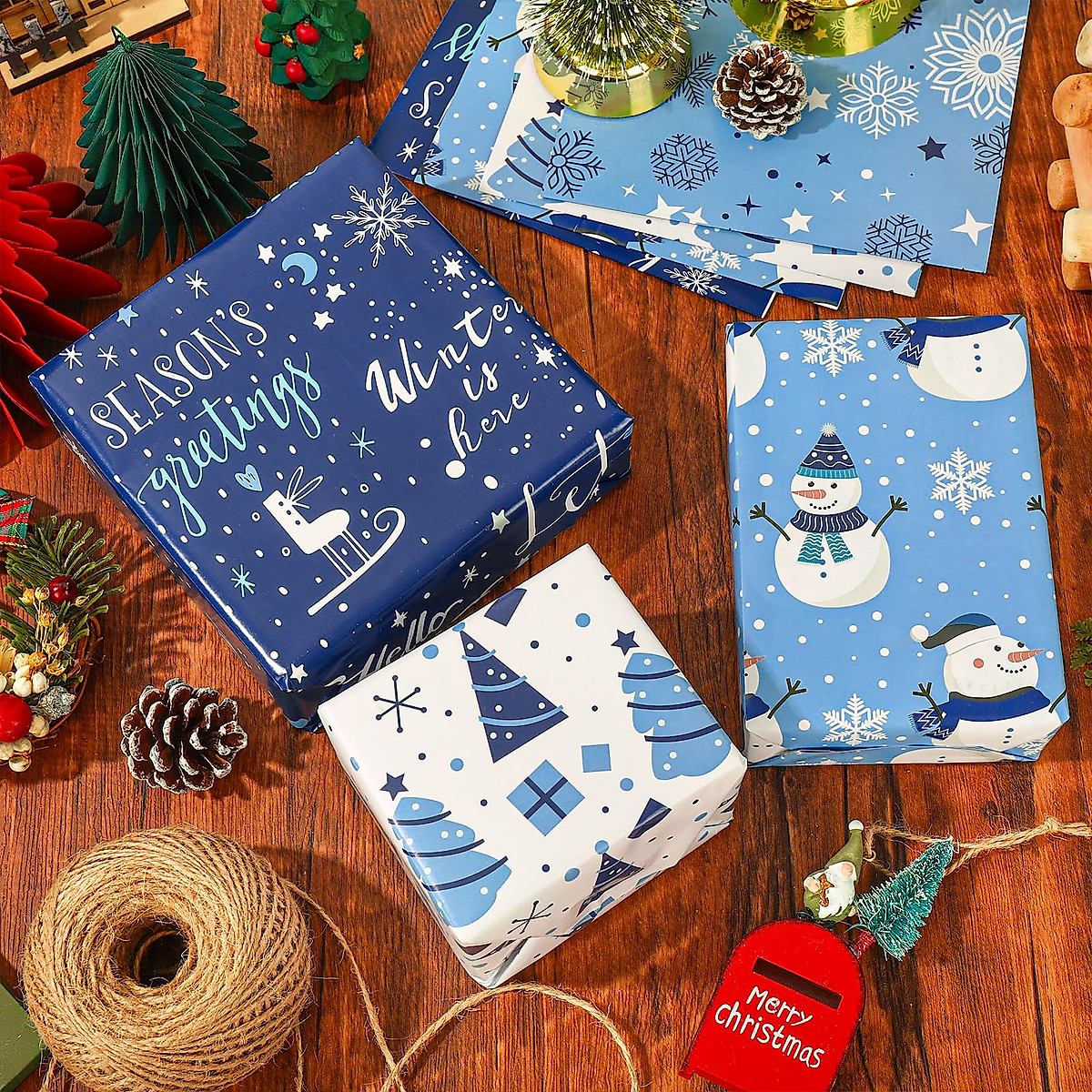 AnyDesign 12 Sheet Christmas Wrapping Paper Blue White Winter Gift Wrap Paper Bulk Snowman Snowflakes Xmas Tree Art Paper, 27.6 x 19.7 Inch, Folded Flat