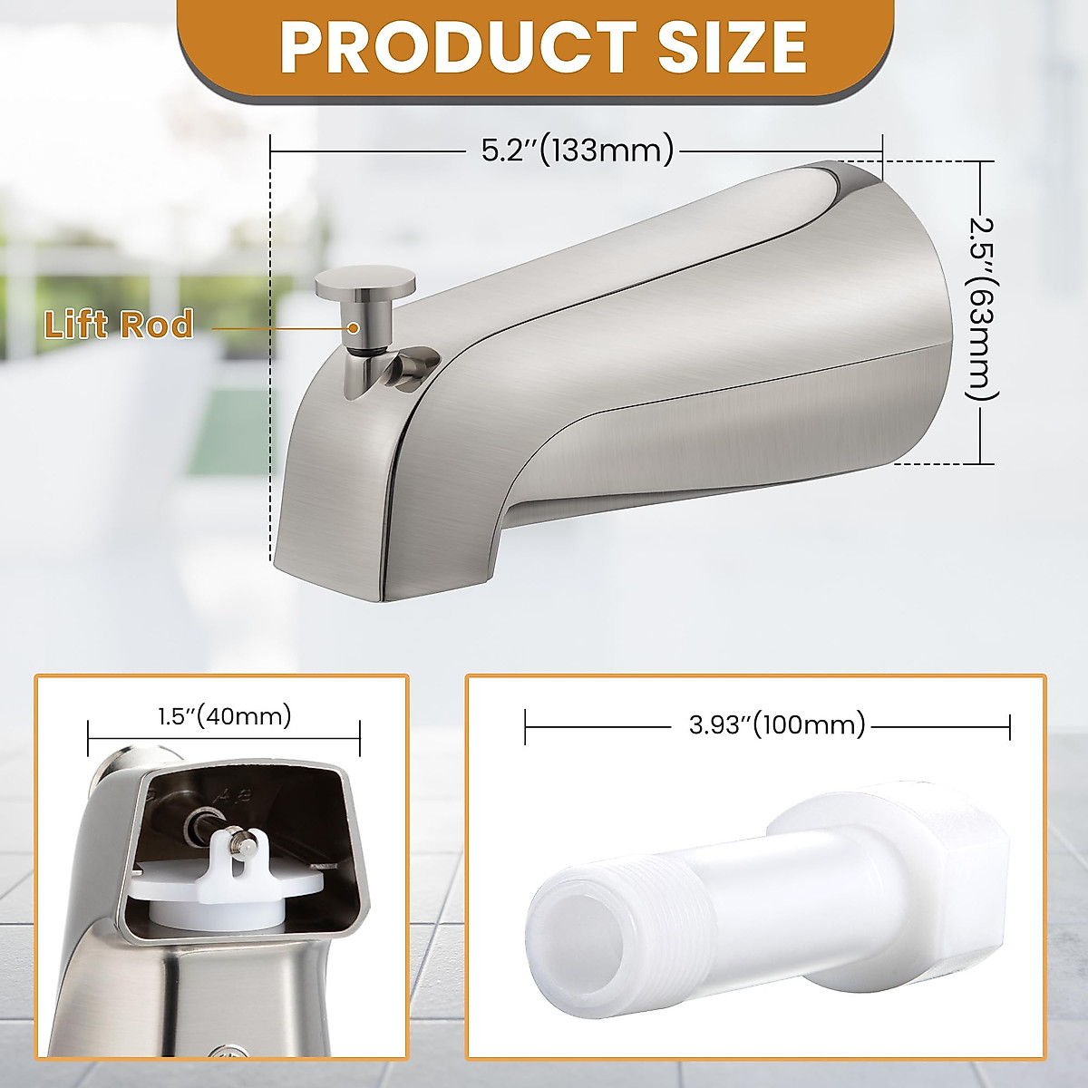 Dreyoo Tub Spout with Diverter, Tub Spout (Universal Fits 1/2" Copper Pipe, 1/2" IPS and 3/4" IPS), Bathroom Bathtub Faucet with Adapters and Hex Wrench(Brushed Nickel,Simple)