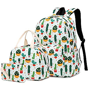 Yusudan Cactus Girls School Backpack, 3 in 1 Set Kids Teens School Bag Bookbag with Lunch Bag Pencil Case
