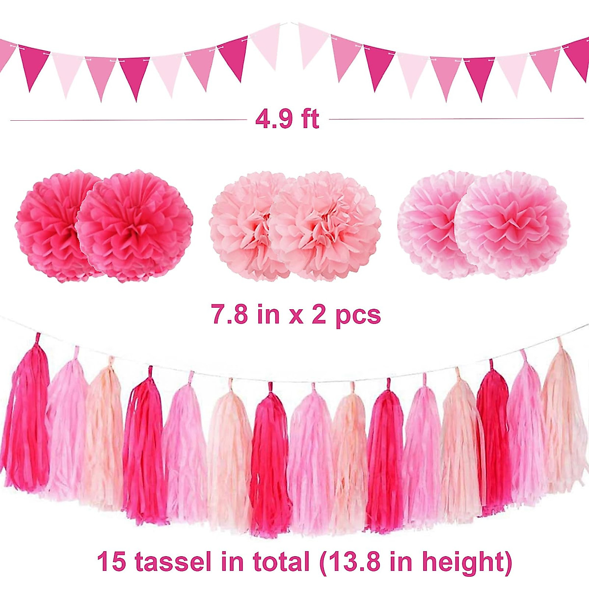 Cmaone Hotpink Party Decorations Pink Girls Paper Fan Birthday Baby Shower Tissue Pom Poms Streamers Bachelorette Party Supplies Tassel Garland Banner Wedding Decor