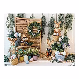 Funnytree 8x6ft Durable Fabric Happy Easter Photography Backdrop No Wrinkles Spring Wooden Wall Colorful Eggs Rabbit Background Baby Shower Kids Birthday Party Decor Portrait Banner Photo Booth Props