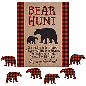 Lumberjack Scavenger Bear Hunt Baby Shower Game - Lumberjack Fun Activities and Decorations - Includes 1 (8.5x11 inches) Sign and 30 (2 inches) Bear Stickers