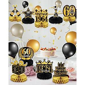 9 Pcs 60th Birthday Decoration for Men Women 60th Birthday Centerpieces for Tables Cheers to 60 Years Birthday Honeycomb Decor 1964 Birthday Table Topper Black and Gold 60th Birthday Party Favors