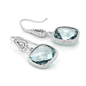Gem Stone King 925 Sterling Silver Simulated Aquamarine Dangle Earrings For Women (11.00 Cttw, March Birthstone, Cushion Cut 30X12MM)