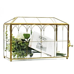 Large Gold and Glass Card Box for wedding with Lock and Slot - Wedding Envelope Card Holder for Reception Clear Lock Box with Key Geometric Handmade Vintage Card Box for Wedding Party