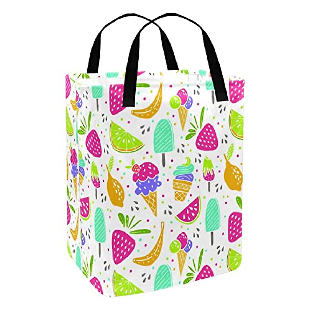 Ice Cream Cake and Fruits Print Collapsible Laundry Hamper, 60L Waterproof Laundry Baskets Washing Bin Clothes Toys Storage for Dorm Bathroom Bedroom