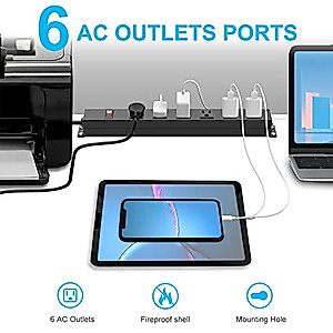 6 Outlets Metal Power Strip, Wall Mount Heavy Duty Power Outlet with Switch, Aluminum Alloy House, 14AWG Power Cord, 15A 125V 1875W, Black (6 FT)