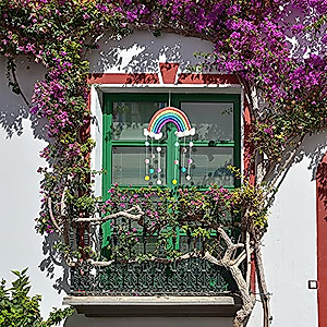 Rainbow Hanging Decoration, Macrame Tapestry Wall Hanging with Felt Ball, Handmade Braided Cords Pom-Pom,Mobile,Children’s Room Bedroom Nursery Decor-Red