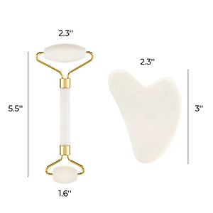 Gua Sha Facial Tools & Jade Roller for Face, Eye & Neck Skin Care, 100% Natural Jade Stone Face Roller Gua Sha Massage Tool, Eye Roller for Puffy Eyes, Facial Self Care Kit for Women (White)
