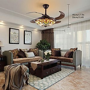 Sindipanda 42" Tiffany Ceiling Fan,Retractable Blade LED Chandelier Fan,Vintage Stained Glass Chandelier w/Remote,for Dining Room Bedroom Living Room