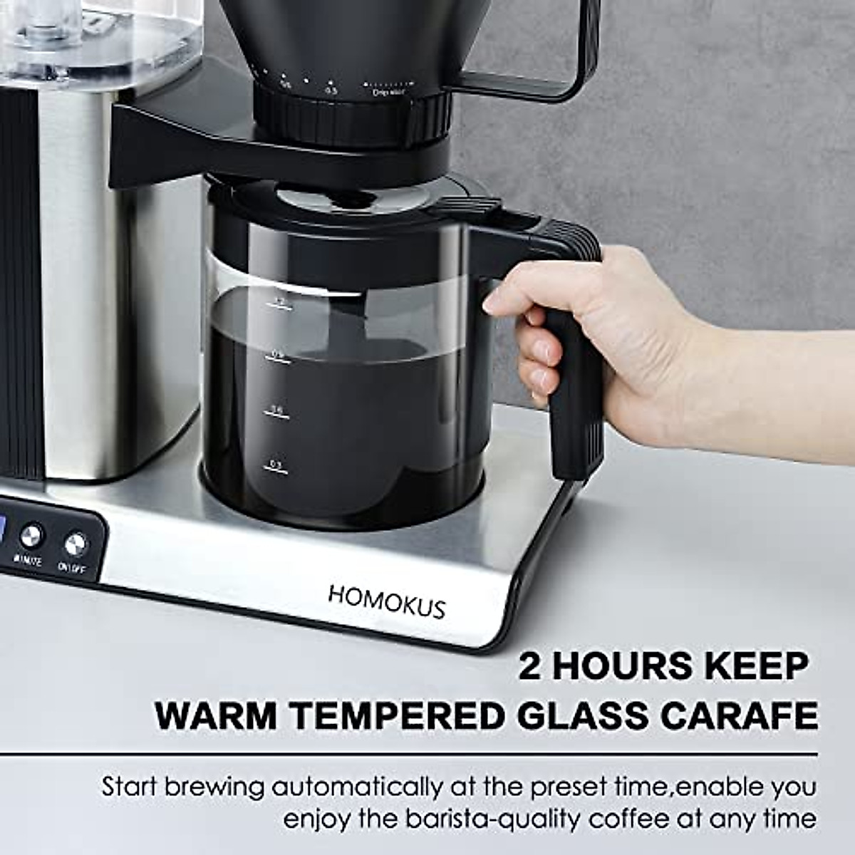 HOMOKUS 8 Cup Stainless Steel Programmable Coffee Maker with Timer - Drip Coffee Machine with Glass Carafe - Polished Silver - 40 Oz - 1.2L