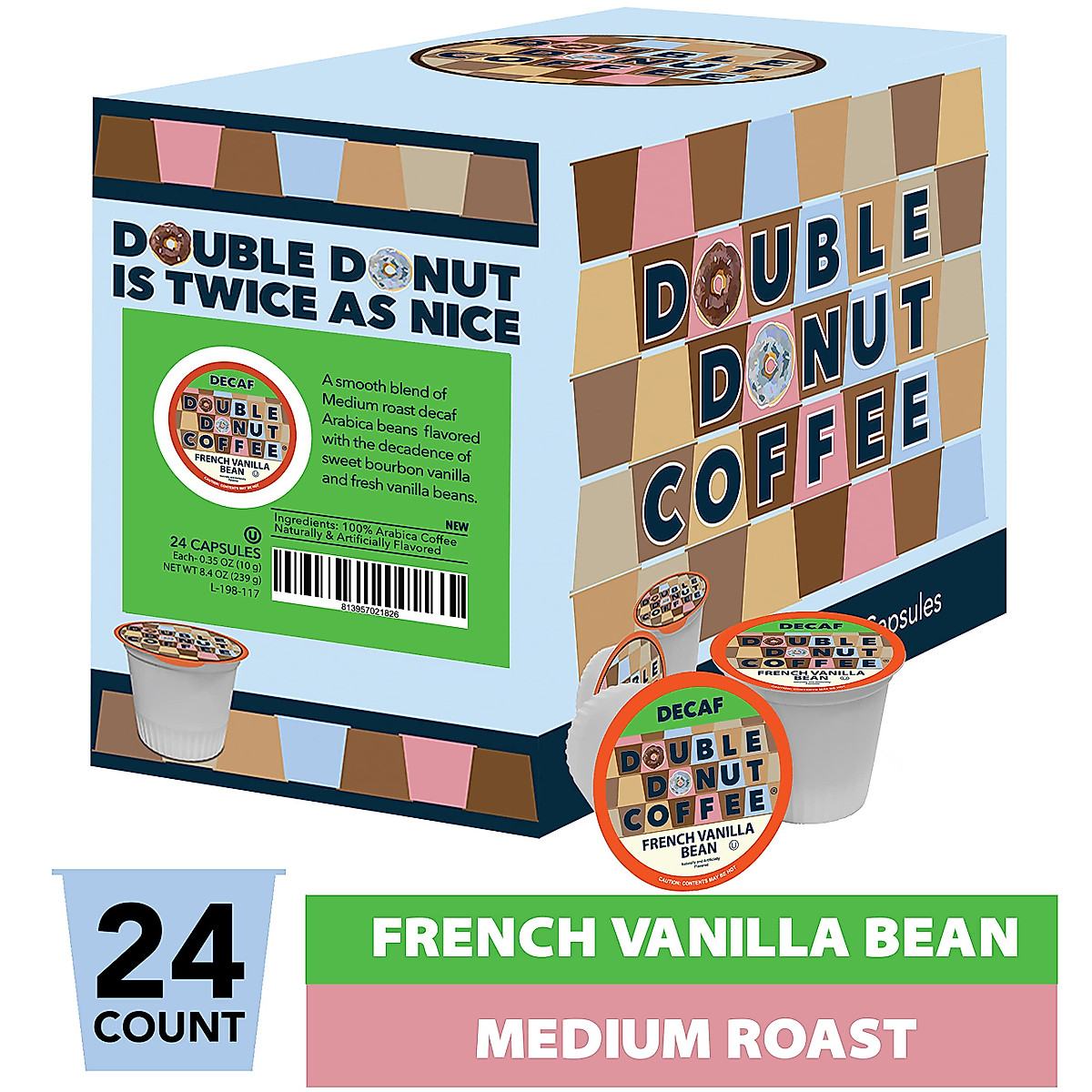 Double Donut Decaf French Vanilla Coffee Pods, Medium Roast Single Serve French Vanilla Bean Decaf Flavored Coffee Pods For Keurig K Cup Brewers, 24 Count