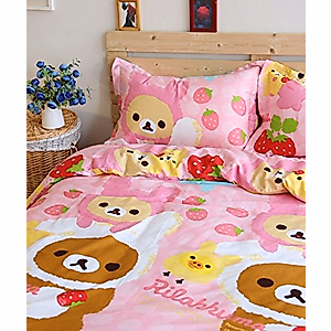LELVA Rilakkuma Pattern Bedding Quilt/Comforter Cover Set Kids Bedding Duvet Cover Set for Girls Flat Sheet Pink Twin Size