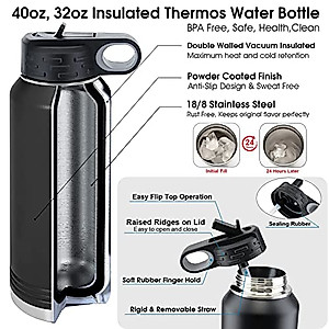 Personalized Water Bottle 40oz/32oz with Flip-top Lid and Straw, Customized Vacuum Insulated Water Flask, Stainless Steel Sports Double Wall Thermos, Name Engraved by iProductsUS (Black)