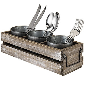 MyGift Rustic Brown Wood Utensil Holder with Handle and 3 Galvanized Metal Buckets, Kitchen Countertop Flatware Caddy