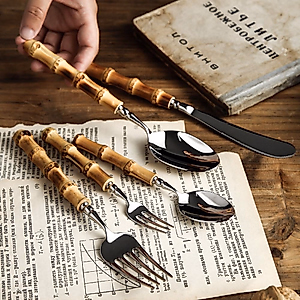 20 piece Bamboo Silverware Set 18/8 Stainless Steel Cutlery Set Flatware Set for 4 Natural Bamboo Utensil Spoon Fork Knives Tableware Utensil Sets Set for Kitchen Wedding Home Restaurant Party