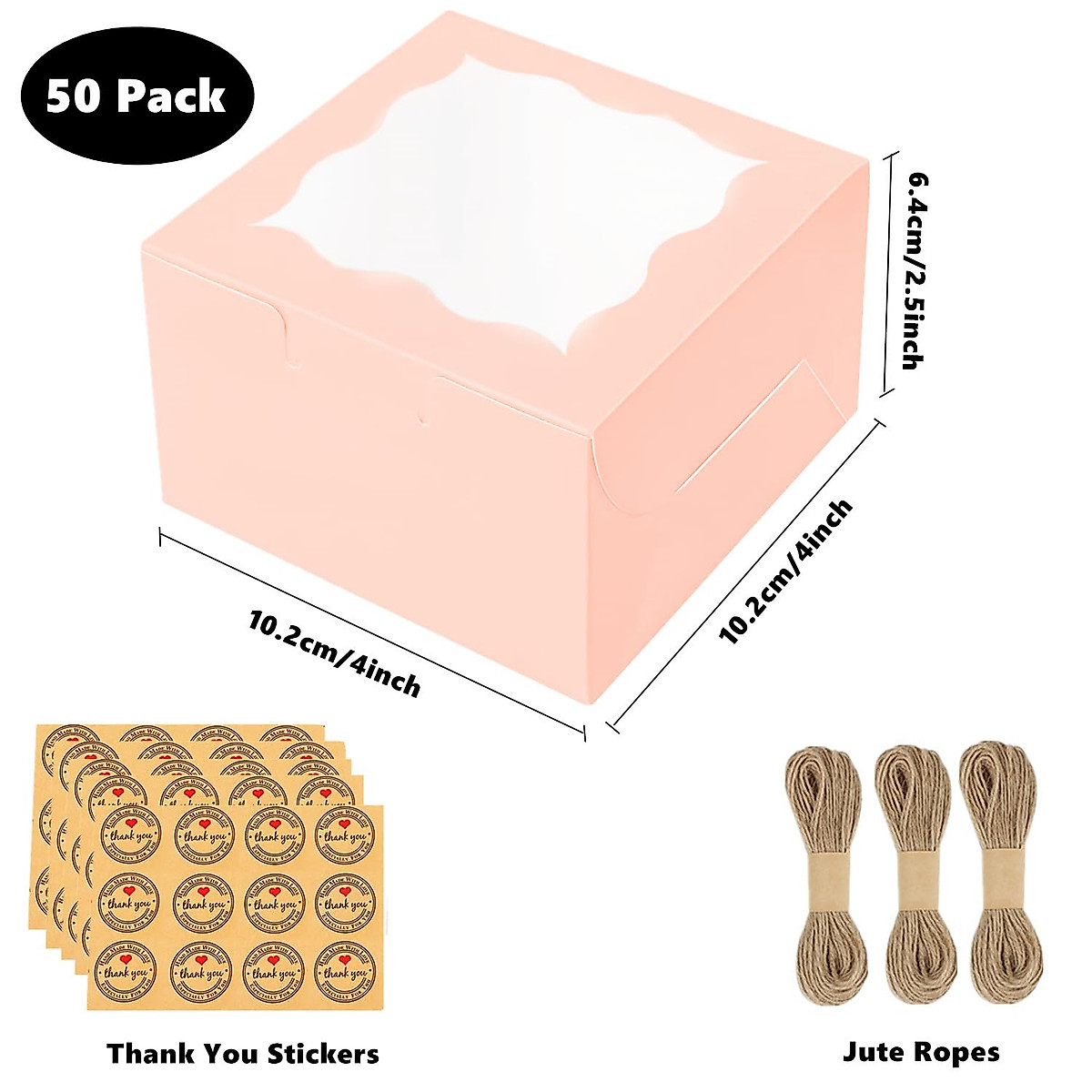 GUIFIER 50 Pack Small Bakery Boxes 4x4x2.5 Inches, Mini Cake Boxes Paper Cookie Boxes, 4 inch Desserts Boxes, Party Favor Boxes for Pastries, Cupcakes, Donuts, Chocolate, Strawberries, Candy (Pink)