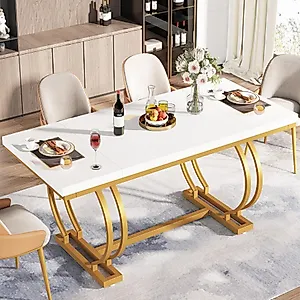 Tribesigns Modern Dining Table, 70.9 inches Wood Dinner Room Table for 6-8 People, Rectangular Kitchen Table with Gold Metal Circular Base for Kitchen, Dining Room, Living Room, White & Gold