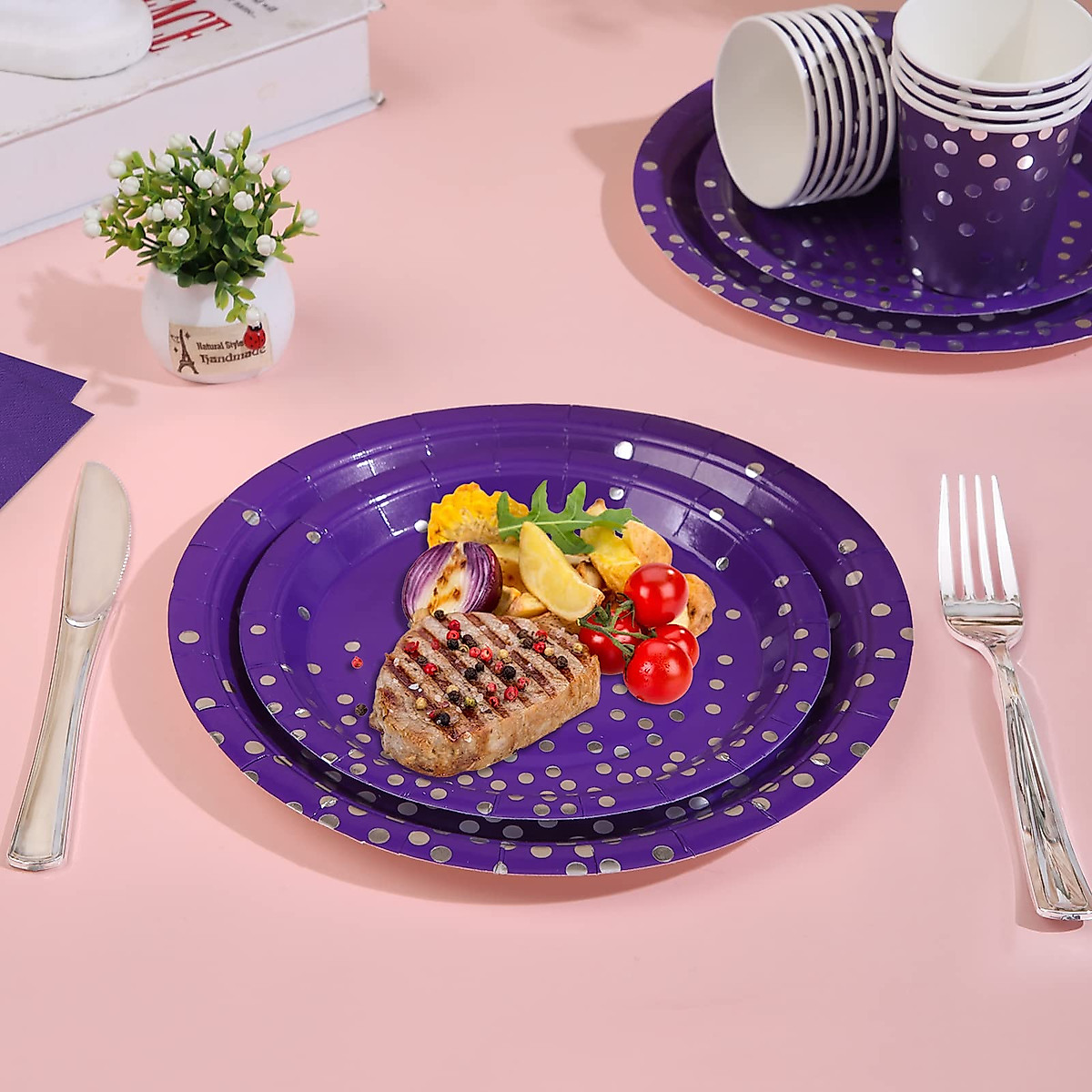 Gudvilla 168Pcs Purple Plates and Napkins Party Supplies, Purple Paper Plates, Purple Party Plates, Purple Party Decorations for Birthday Bridal Shower Mardi Gras Graduation Plates, Serves 24