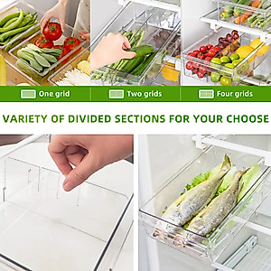 FineNoke Fridge Drawer Organizer,Refrigerator Organizer Bins,Fridge Storage Box Shelf Holder,Pull Out With Handle,Clear Container For Food,Drinks,Fit for Fridge Shelf Under 0.6" (2-Pack,4-grid)