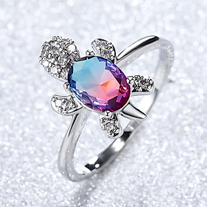 oAtm0eBcl Silver Turtle Animal Ring for Women Girl. Oval Cubic Zirconia Halo CZ Knuckle Rings Wedding Bands Promise Rings for Women,Blue,US 7